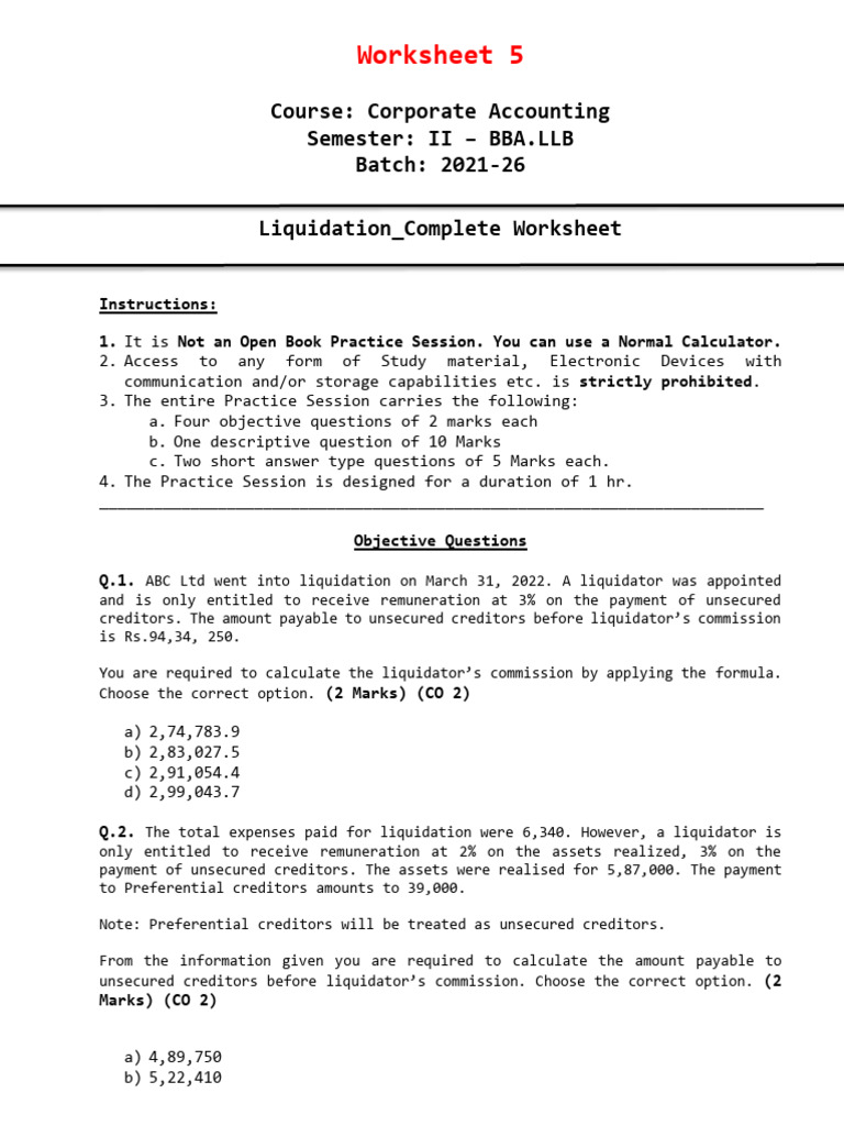 A. Worksheet 5 - Liquidation | PDF | Liquidation | Equity (Finance)