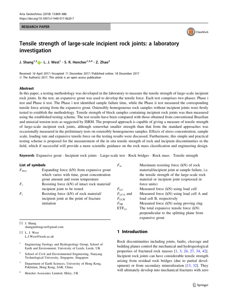 Tensile Strength of Large Scale Incipient Rock Joints A Laboratory ...