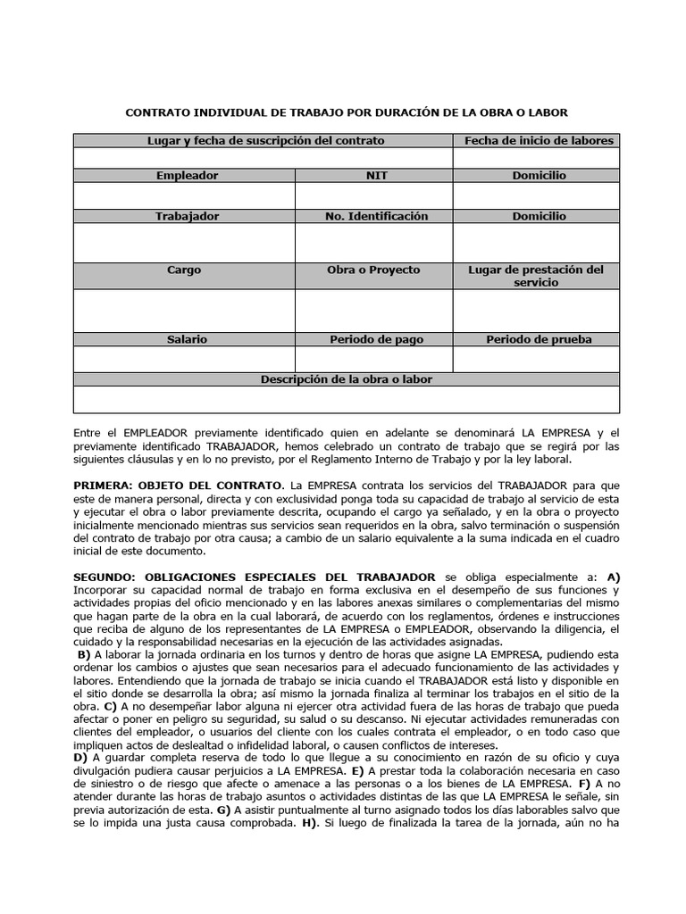 F-01 Contrato de Trabajo Por Duracion de La Obra o Labor | PDF | Salario | Derecho laboral