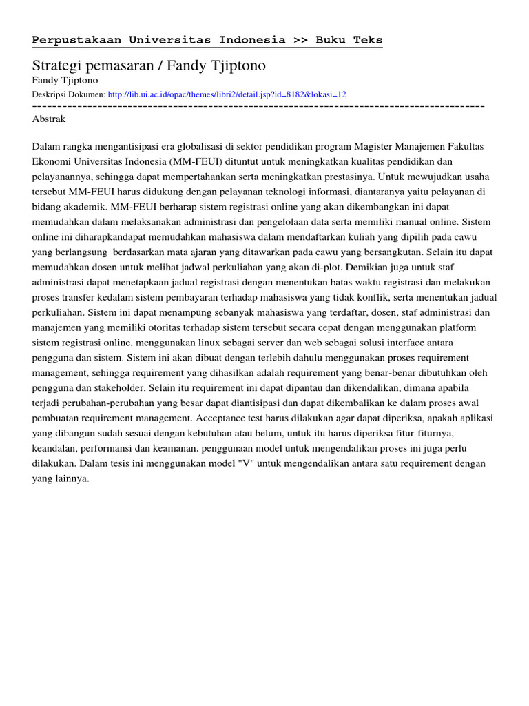 Strategi Pemasaran / Fandy Tjiptono: Perpustakaan Universitas Indonesia Buku Teks | PDF