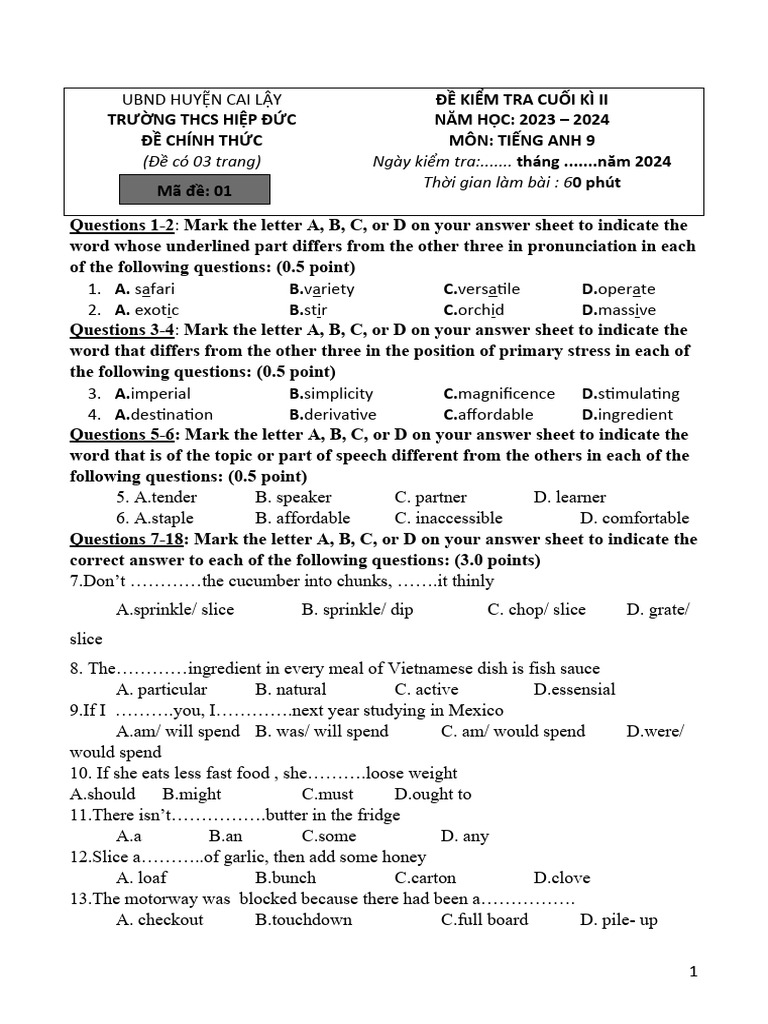 English 9 Final Exam Paper 2024 | PDF | Foods | Cuisine