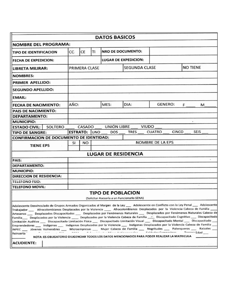 Formato Datos Basicos para Matricula | PDF