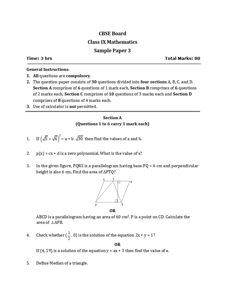 CBSE Board Class IX Mathematics Sample Paper 3: Time: 3 Hrs Total Marks ...