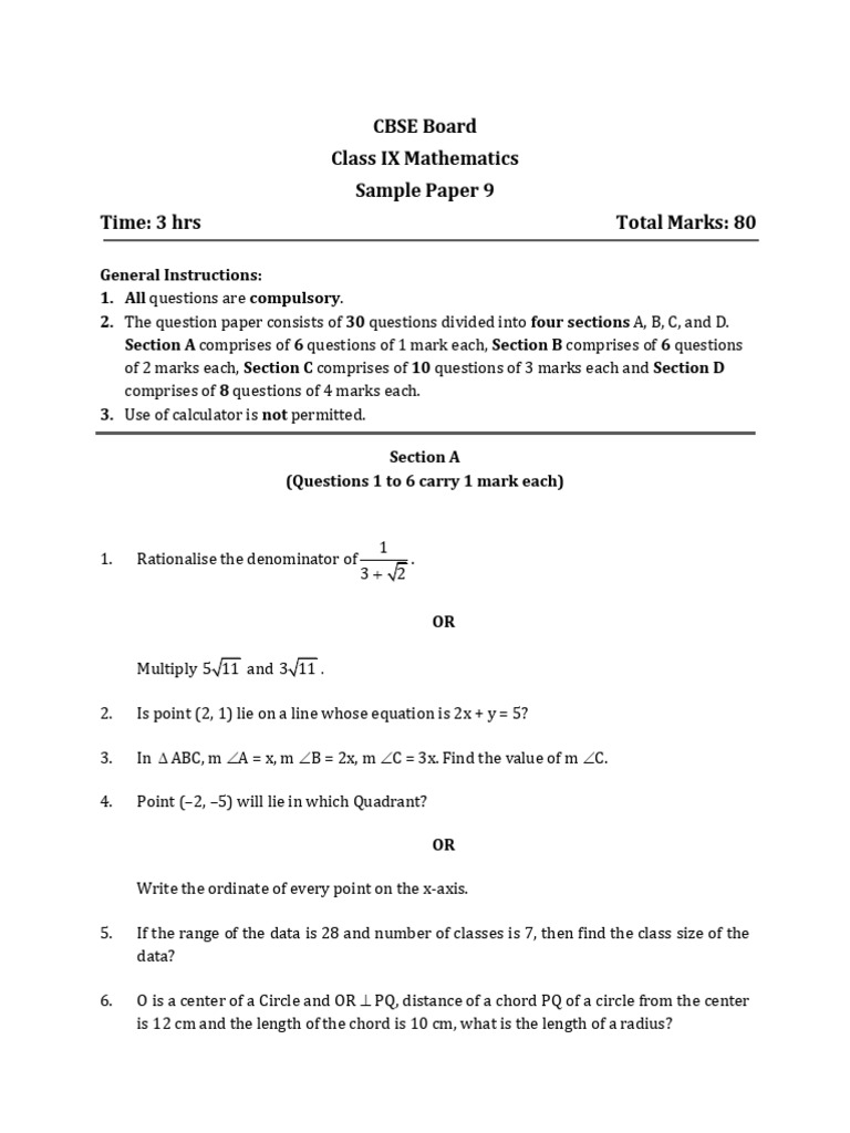 CBSE Board Class IX Mathematics Sample Paper 9 Time: 3 Hrs Total Marks: 80 | Download Free PDF ...