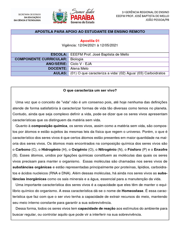 APOSTILA 1 - CICLO 5 - BIOLOGIA - O Que Caracteriza A Vida - (12 - 04 À ...