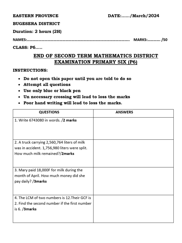 P6 MTC District Exam | PDF