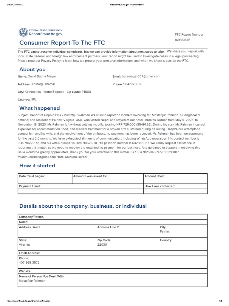 ReportFraud.ftc.Gov - Confirmation | PDF | Federal Trade Commission | American Government