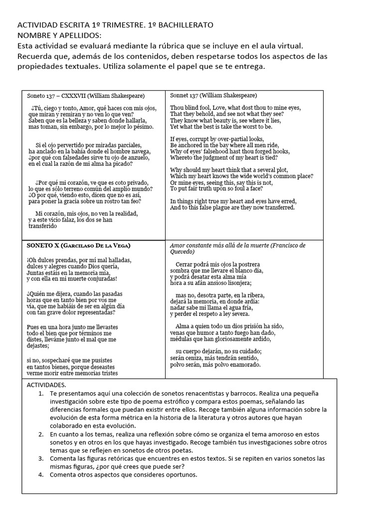 Actividades Sobre El Soneto | PDF
