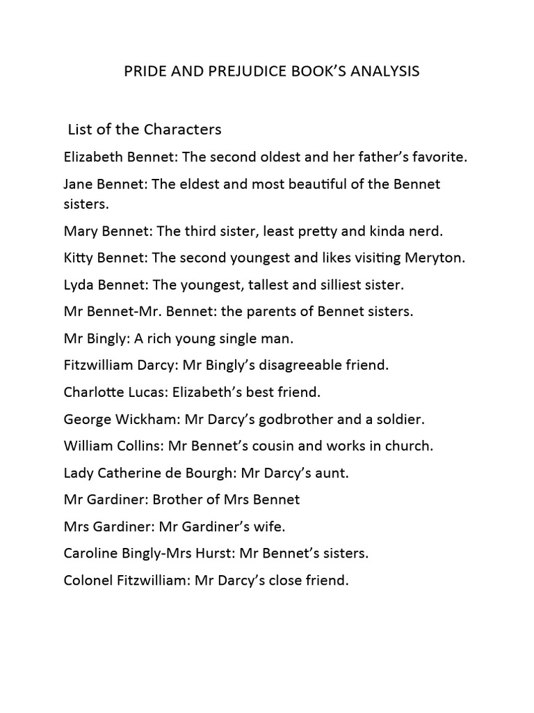 Pride and Prejudice Book'S Analysis List of The Characters | PDF ...