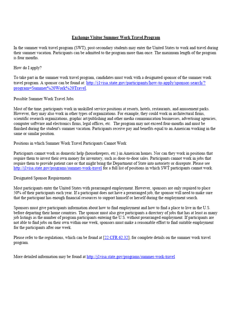 Summer Work Travel and Internship Handout | PDF | Internship | Job Hunting