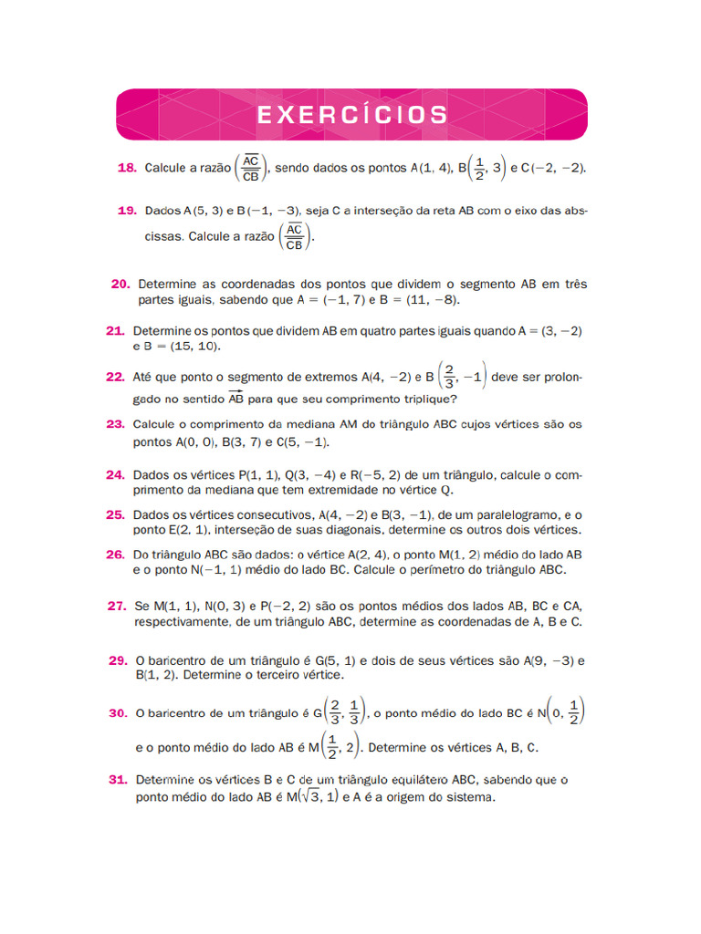 Lista de Exercícios (Segmentos Colineares, Ponto Médio, Baricentro e ...