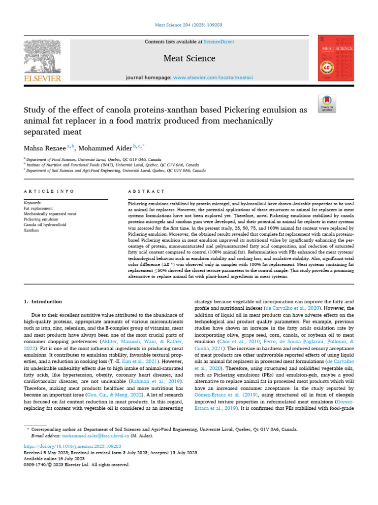 Canola Protein Emulsions as Fat Replacers | PDF | Fat | Meat