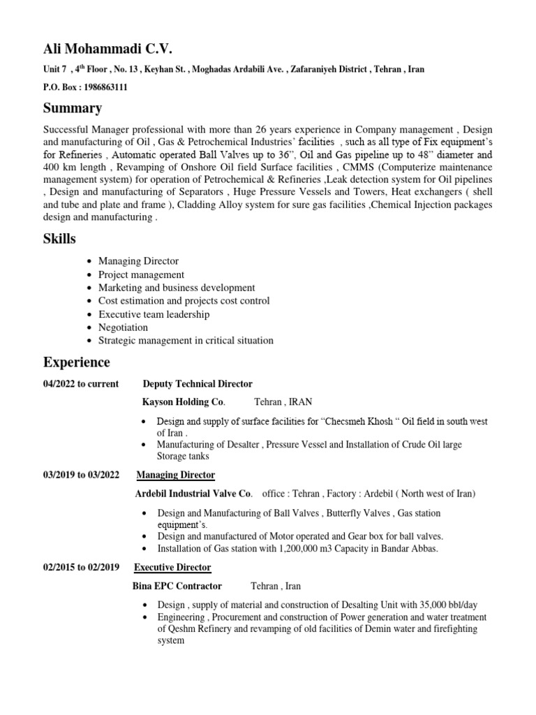 Ali Mohammadi CV | Download Free PDF | Natural Gas | Valve