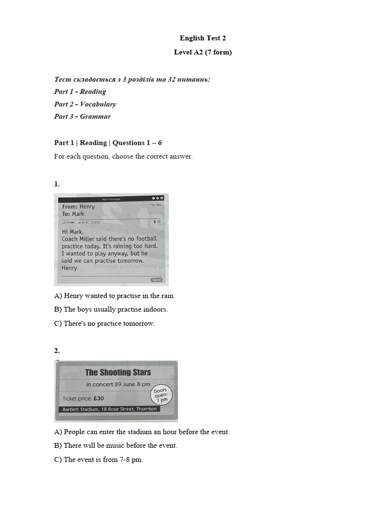 English Test 2 (Short) Level A2 (7 Form) | PDF | Language Arts & Discipline