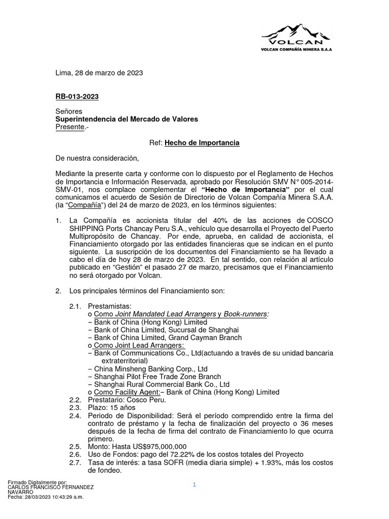 Carta de Volcan Rspta-Adenda-SHA-y-Financ-COSCO | PDF | Tecnología