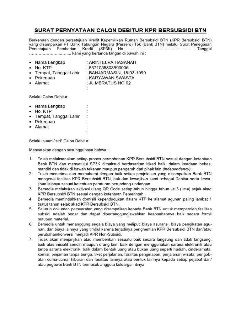 3.3 Surat Pernyataan Pemohon KPR Bersubsidi BTN | PDF