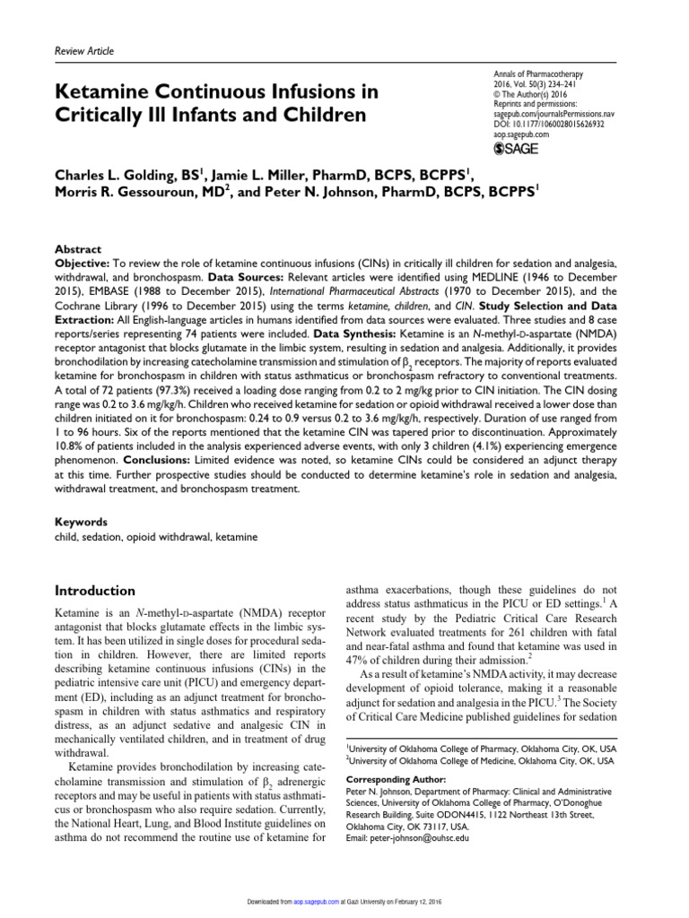 Ketamine Infusions in Pediatric Care | PDF | Opioid | Analgesic