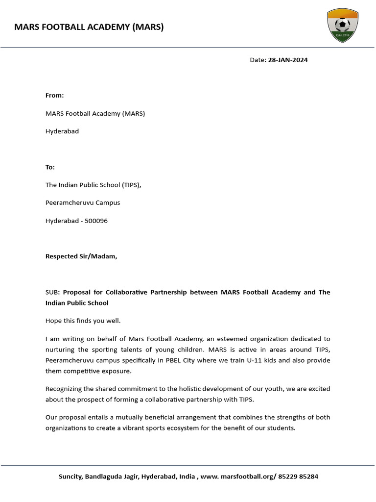 MARS Football Proposal Letter | PDF | Economies