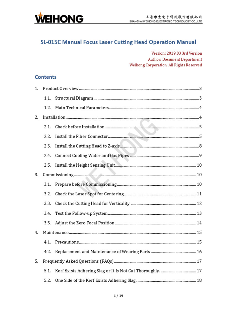 SL-015C Laser Cutting Head Manual | PDF | Optical Fiber | Sheet Metal