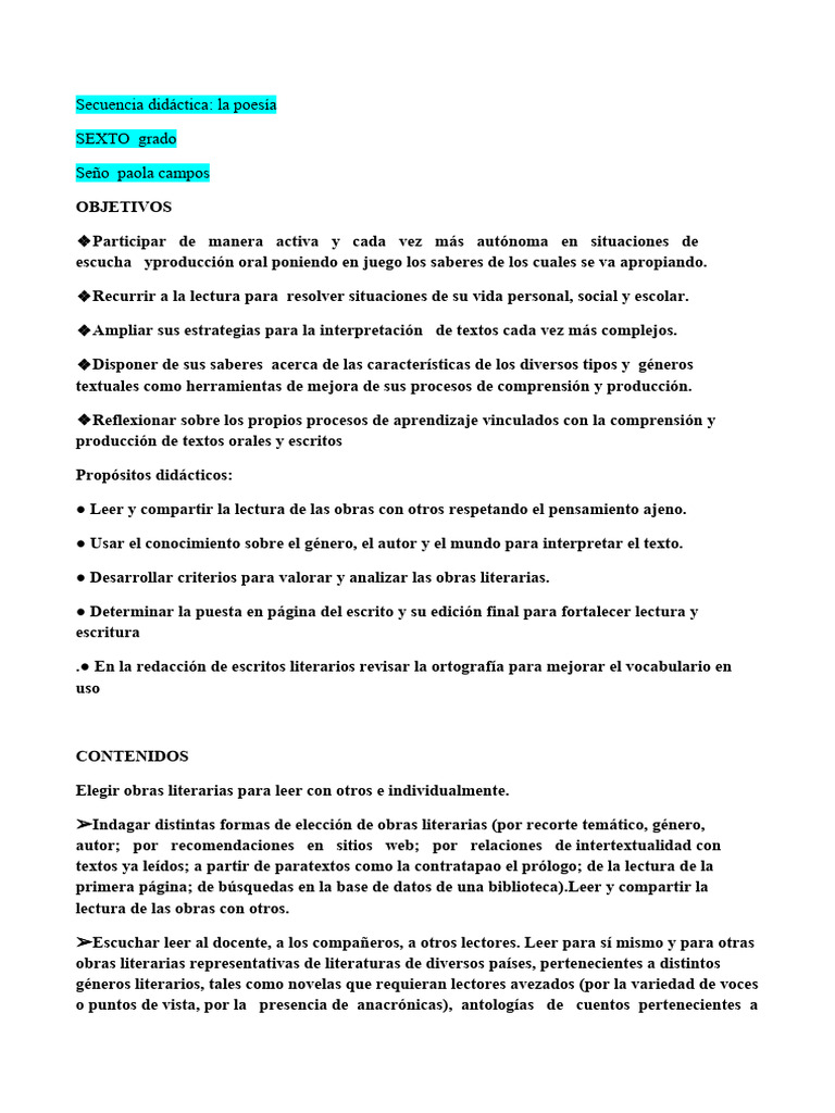 Actividades de Poesía para Sexto Grado | PDF | Poesía