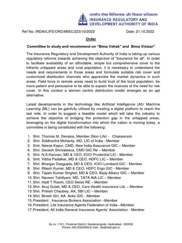 Committee To Study and Recommend On Bima Vahak and Bima Vistaar | PDF | Insurance | Financial ...