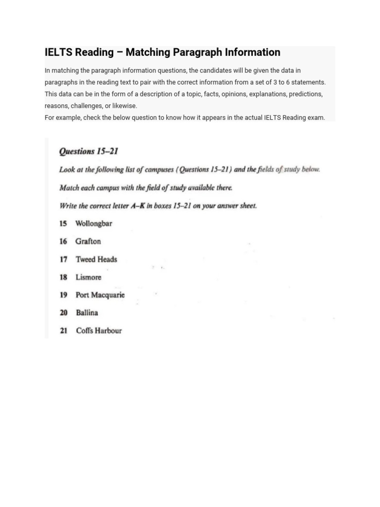 IELTS Reading - Matching Paragraph Information | PDF | International ...