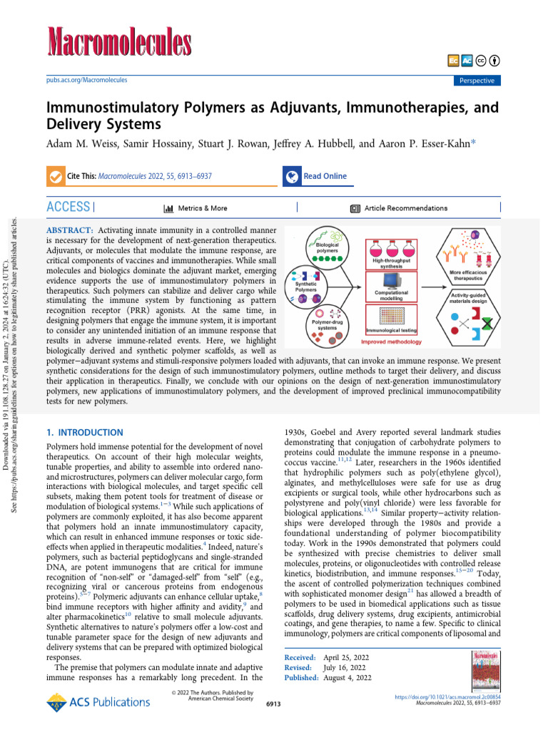 Immunostimulatory Polymers As Adjuvants, Immunotherapies, AndDelivery ...