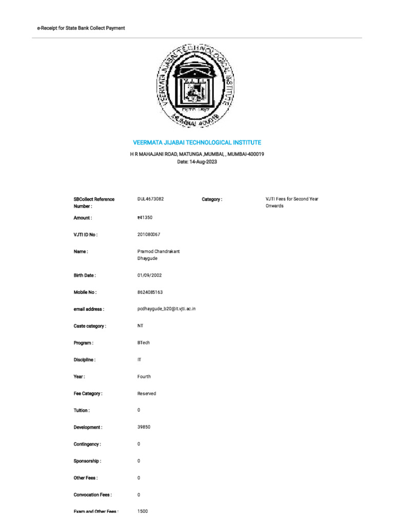 VJTI BTech Fee Receipt Aug 2023 | PDF