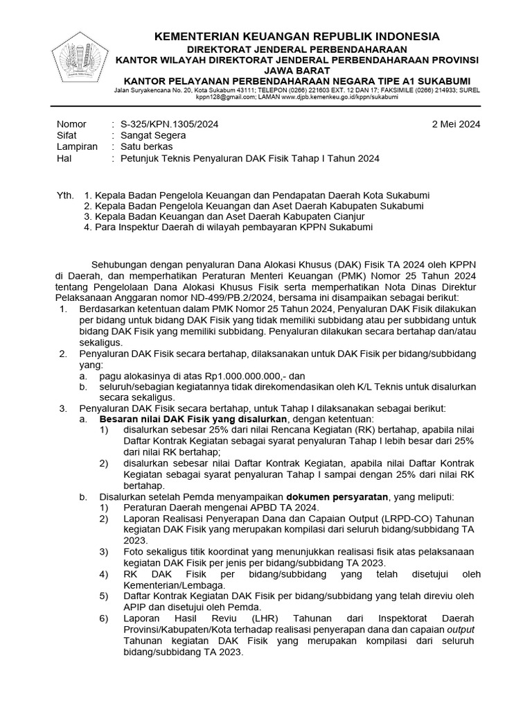 S 325 Petunjuk Teknis Penyaluran DAK Fisik Tahap I Tahun 2024 | PDF