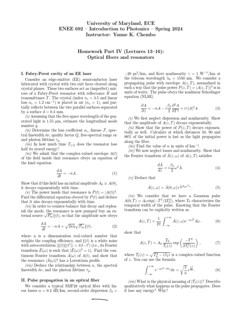 S2024 Homework Part Iv Enee 692 V2 1 Pdf Dispersion Optics Laser