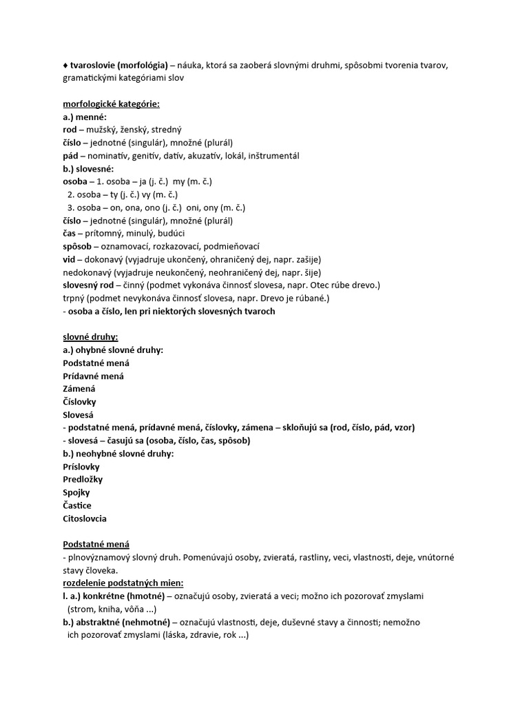 Tvaroslovie, Slovné Druhy, Gramatické Kategórie (Zadania-Seminarky - SK) | PDF