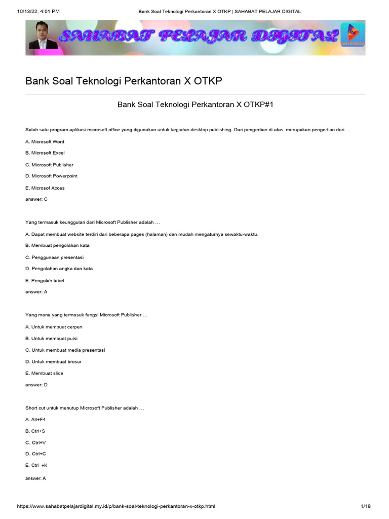 Bank Soal Teknologi Perkantoran X OTKP - SAHABAT PELAJAR DIGITAL | PDF | Komputer