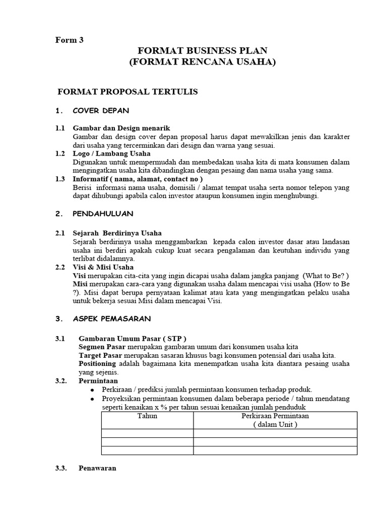 Form 3. FORMAT BUSINESS PLAN | PDF | Bisnis