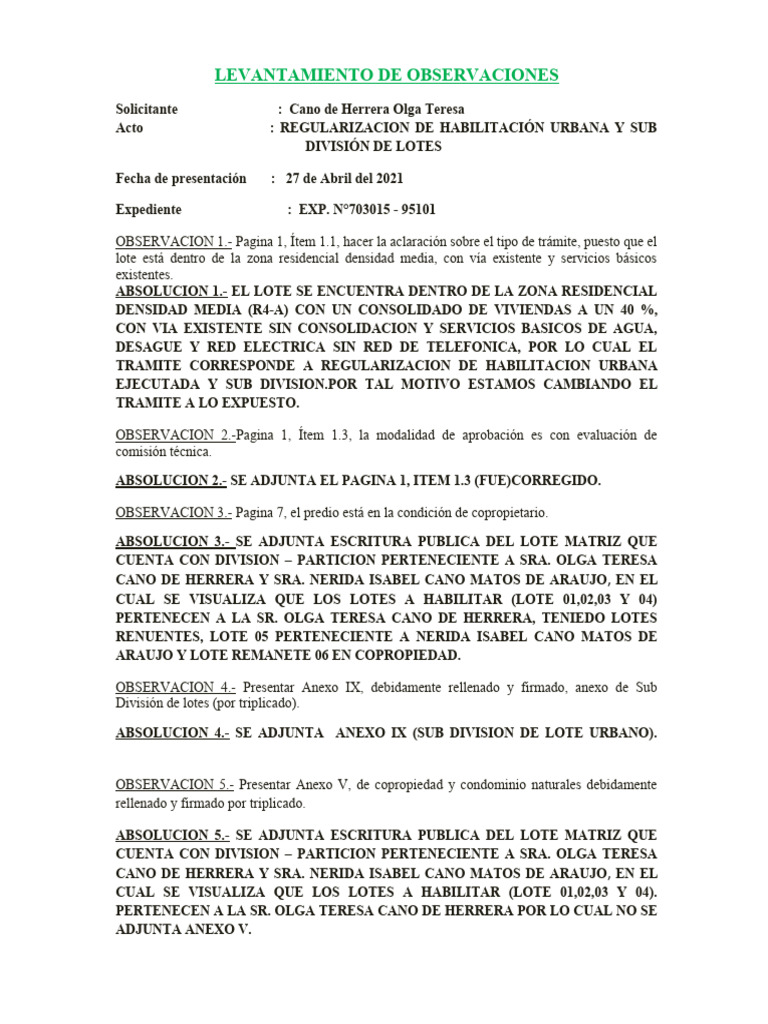 Levantamiento de Observaciones Final | PDF