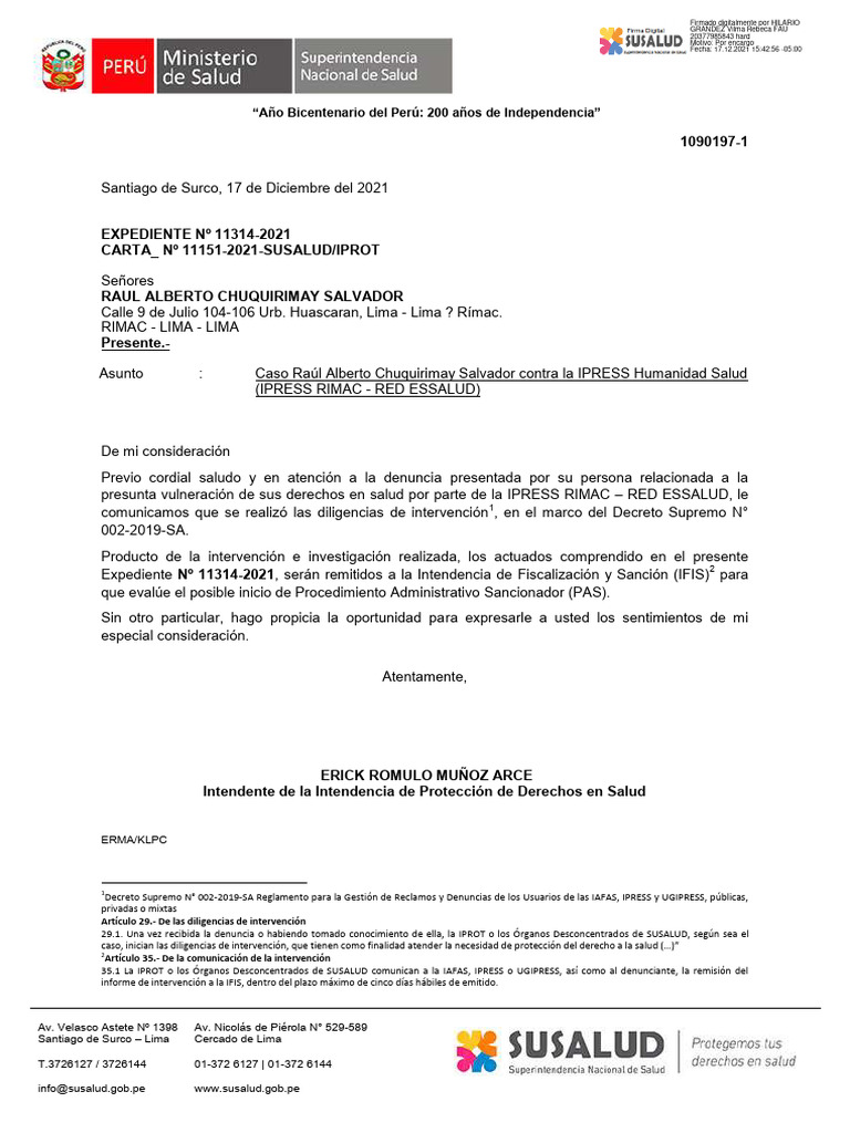 Carta 11151-2021 Susalud | PDF | Lima | Gobierno