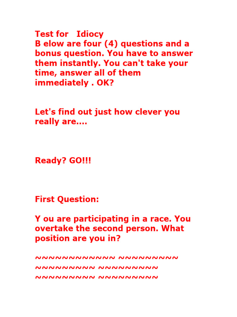 Idiocy Test: Trick Questions Challenge | PDF | Language Arts ...
