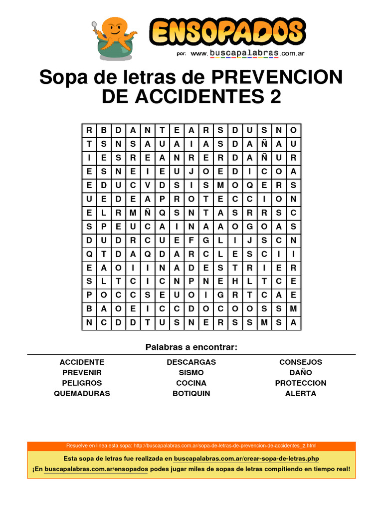 Sopa de Letras: Prevención de Accidentes | PDF