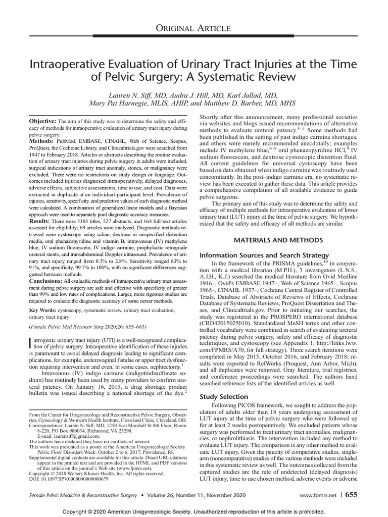 Intraoperative Evaluation of Urinary Tract Injuries at the Time of Pelvic Surgery A Systematic ...