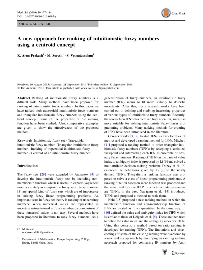 A New Approach For Ranking of Intuitionistic Fuzzy Numbers Using A Centroid Concept | PDF ...