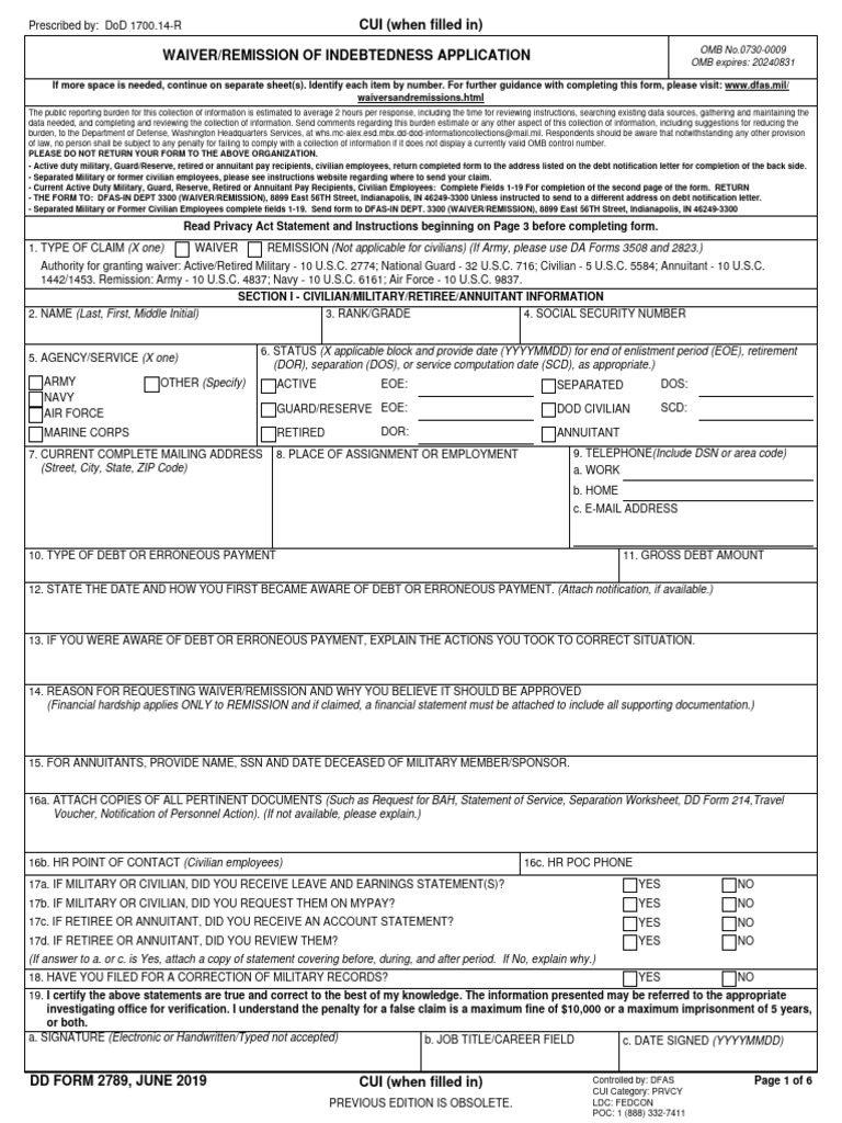 DD Form 2789, - Waiver - Remission of Indebtedness Application | PDF ...