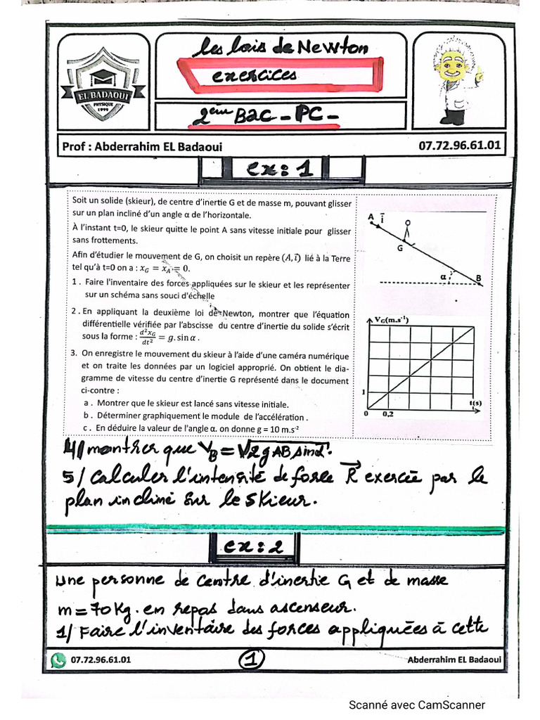 Série Des Exercices de Mécanique Les Lois de Newoten 2eme Bac PC Prof El Badaoui | PDF