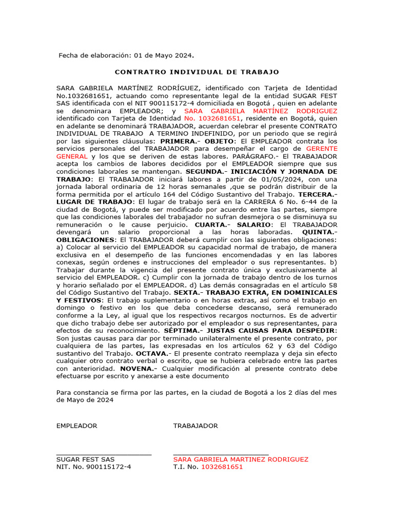 Plantilla para La Elaboracion de Contrato Individual de Trabajo | Descargar gratis PDF | Derecho ...