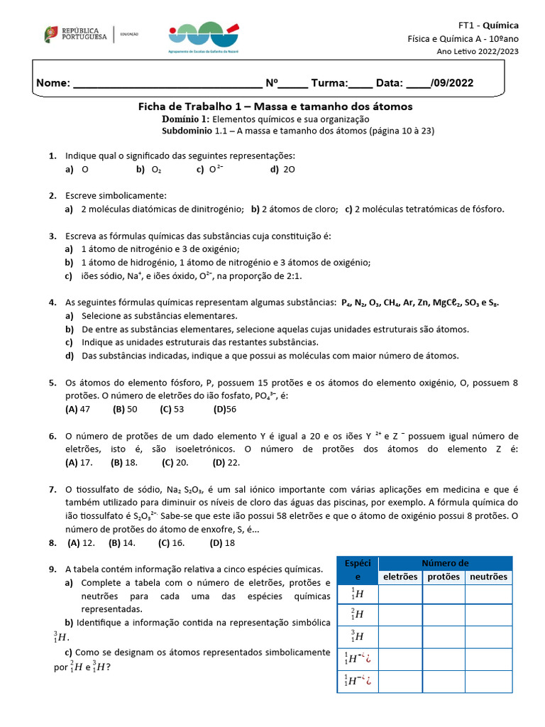 Massa e Tamanho dos Átomos em Química | PDF | Átomos | Química