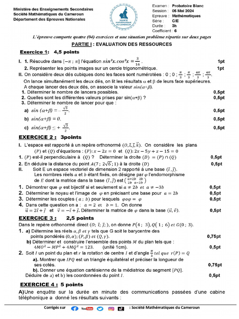 PROBATOIRE C BLANC 2024 Sté MATHÉMATIQUES du Cameroun ?? | PDF