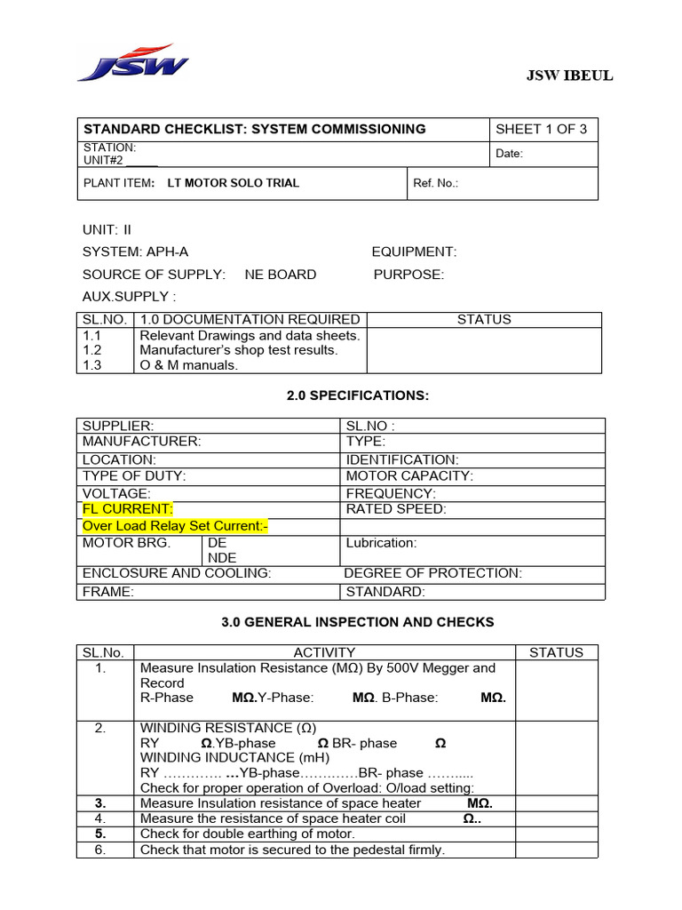 LT Motor Solo Trial Checklist | Download Free PDF | Electrical ...