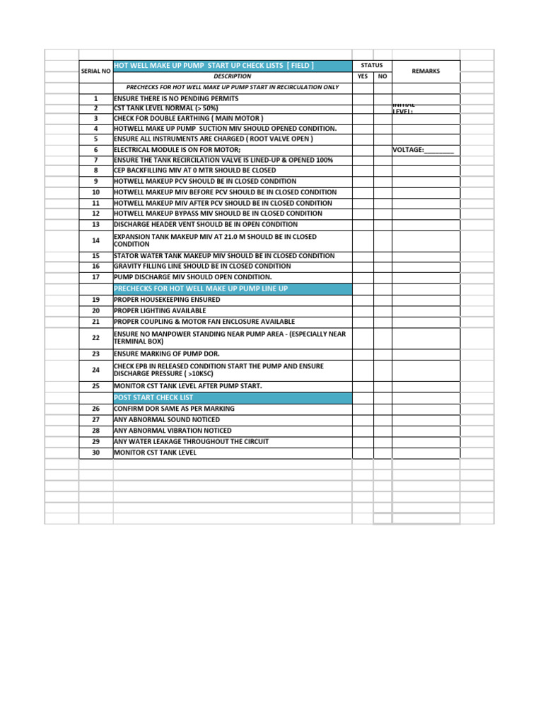 Hotwell Makeup Pump Checklist | PDF
