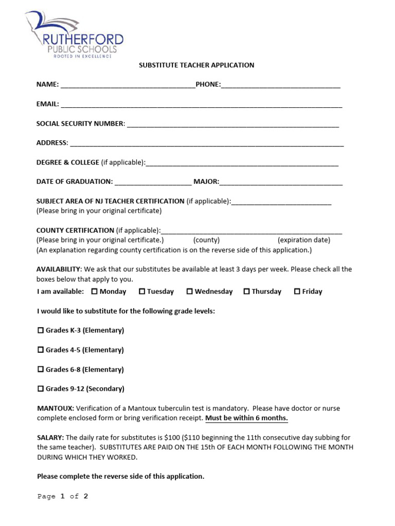 APPLICATION District Subteacher | PDF | Criminal Record | Teachers