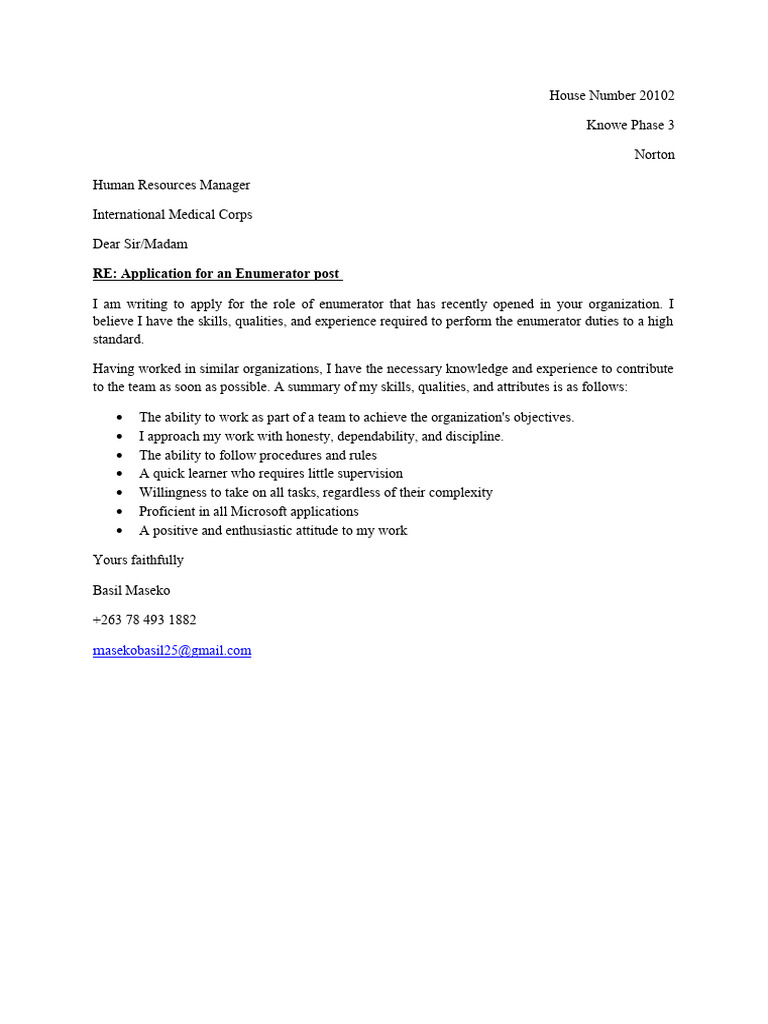 Enumerator Job Application Letter | PDF