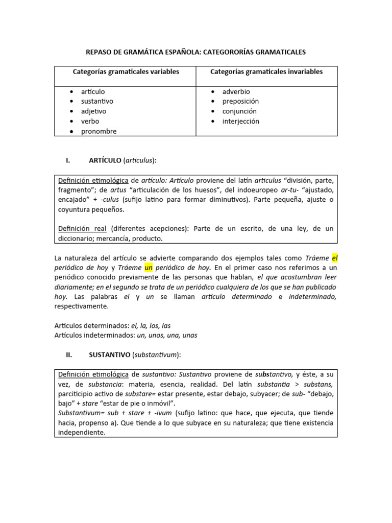 REPASO DE GRAMÁTICA ESPAÑOLA | PDF | Género gramatical | Verbo
