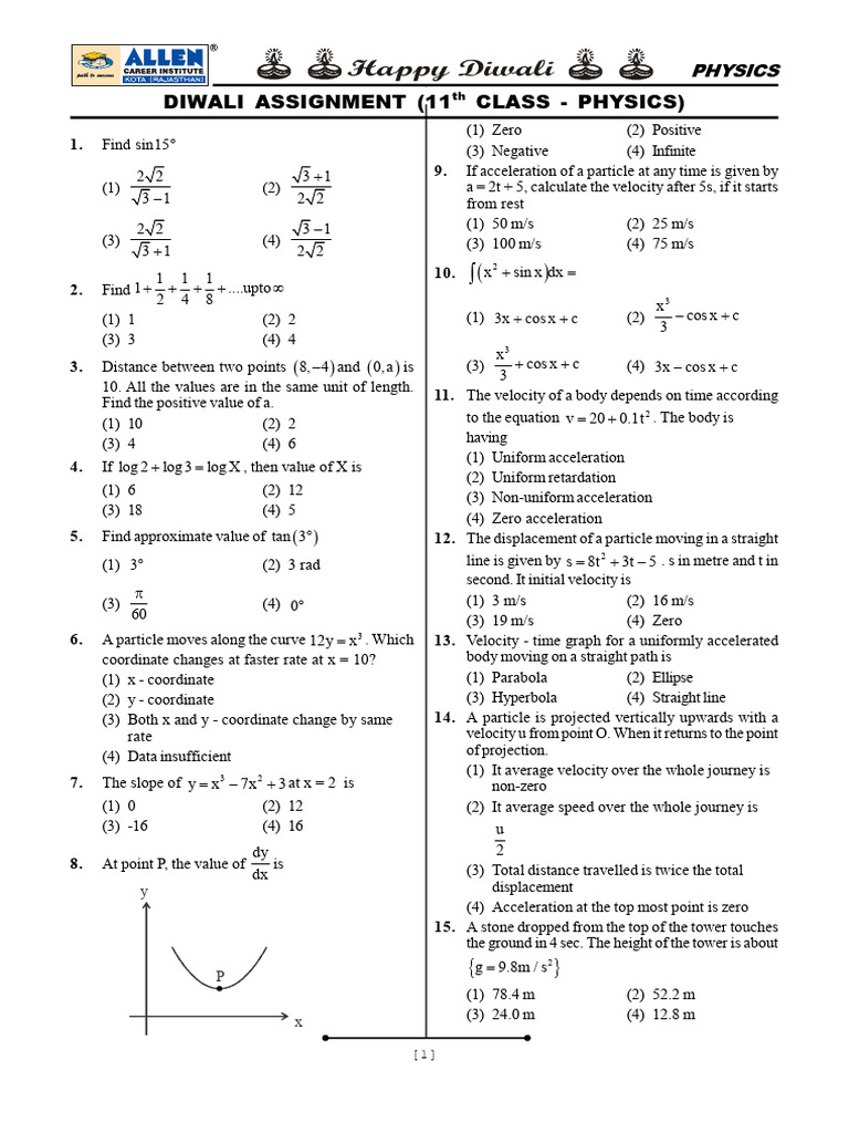 Diwali Assignment - Physics - NEET Nurture | Download Free PDF | Acceleration | Euclidean Vector